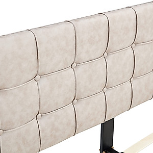 GINGVAT Queen Size Upholstered Platform Bed Frame with Lights and Height Adjustable Headboard, Fashion Square Stitched Button Tech Cloth, Modern Bedroom Furniture, Beige