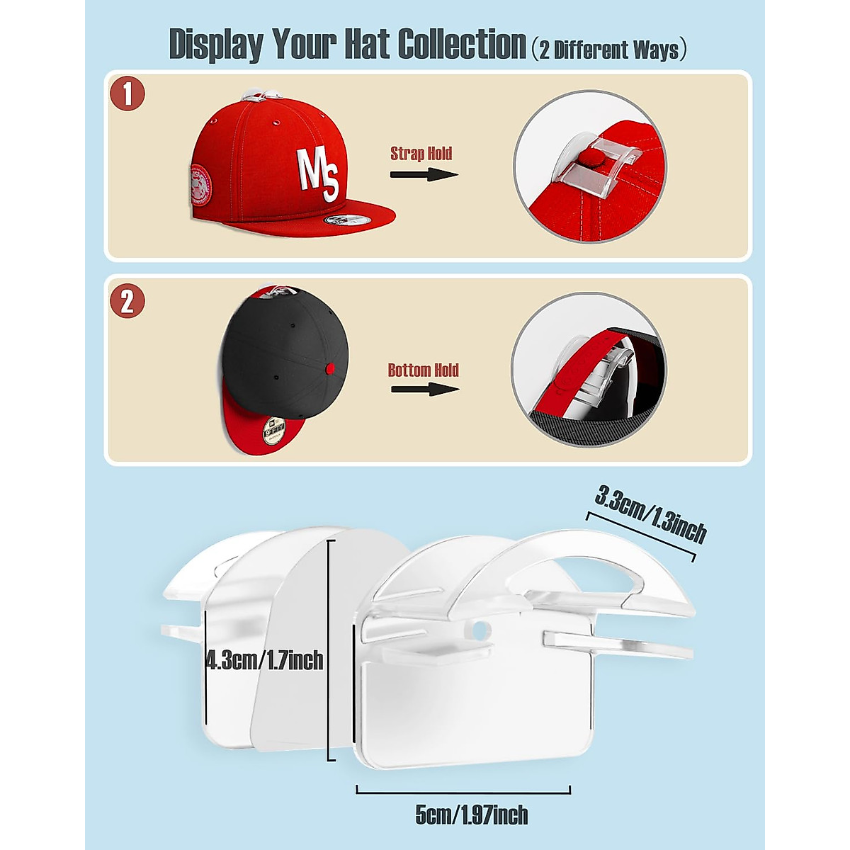 Adhesive Hat Hooks for Wall, Baseball Caps Strong Holdr, Ball Cap Hanger Wall Mount, Hat Display Rack, Hat Organizer Accessories, Clear 8-Pack