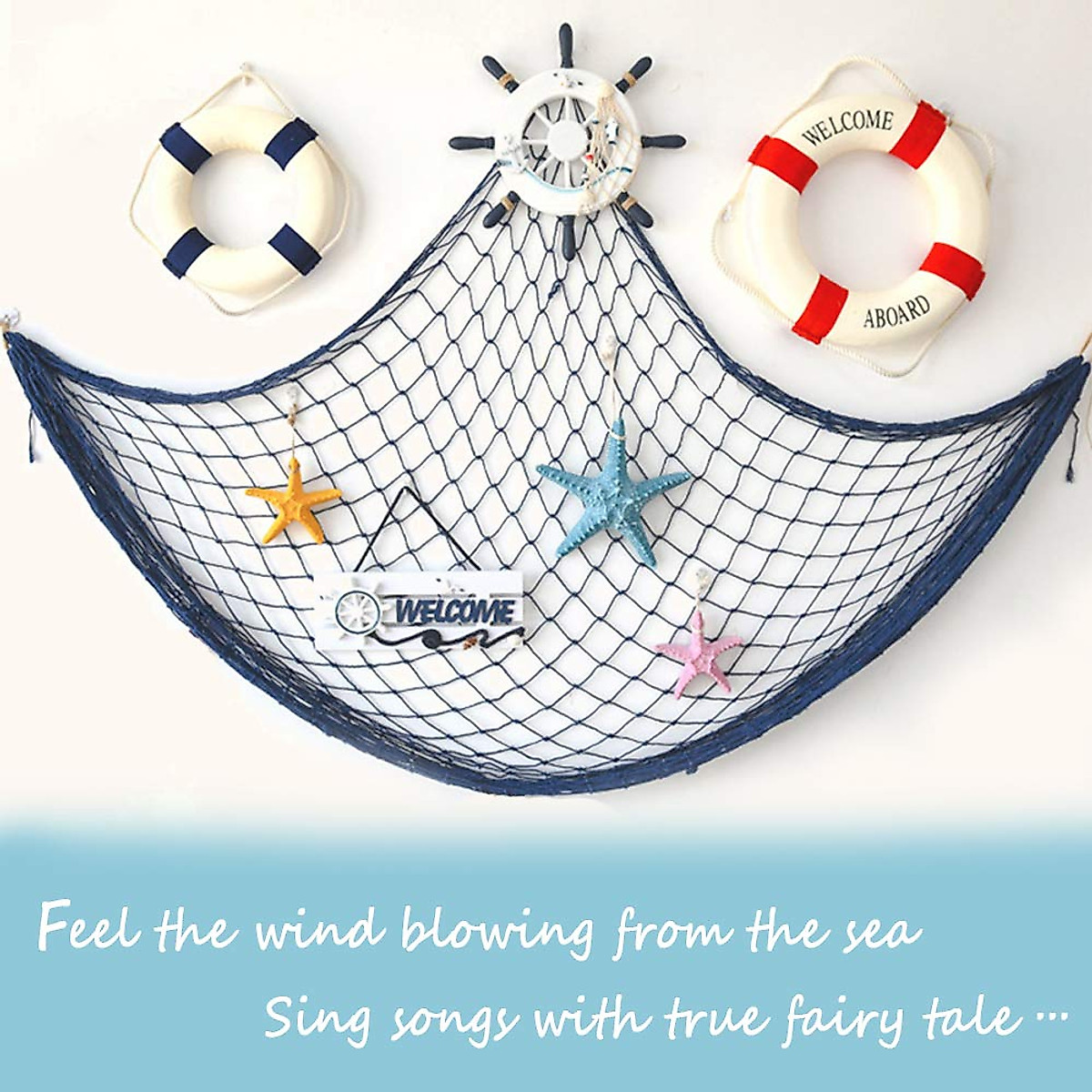 Qesonoo Cotton Fishing Net Decorative 79 Inch Beach Themed Decor Home Bedroom Party Wall Decoration Fish Netting Decorative (Blue)