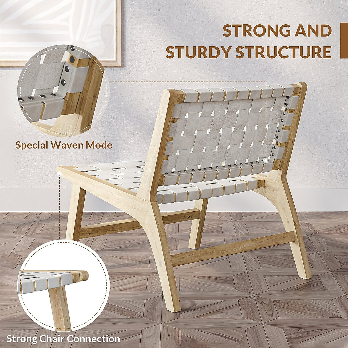 BELLEZE Woven Faux Leather Accent Chair Set of 2, Boho Mid Century Modern Lounge Chair with Solid Wood Frame, 300Lbs, Armless Side Reading Chair for Living Room, Bedroom, Patio - Morgan (White)