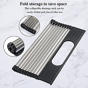 Berglander Dish Drying Rack Over The Sink, L17.5 by W 15" Rollable Stainless Steel Dish Rack with Removable Storage Basket, Perfect for Kitchen Sink