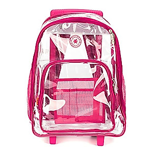 iHim Rolling Clear Backpack Heavy Duty Bookbag Quality See Through Workbag Travel Daypack Transparent School Book Bags with Wheels Hot Pink