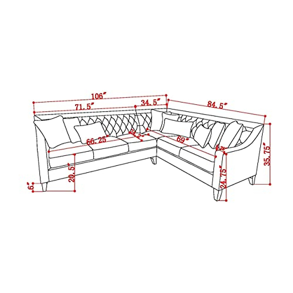 Iconic Home Chic Home Aberdeen Linen Tufted Down Mix Modern Contemporary Right Facing Sectional Sofa, Grey,
