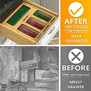 Ziplock Bag Storage Organizer for Drawer - Bamboo Kitchen Food Storage Bag Organizer Holders, Gallon Quart Snack Sandwich and Slider Bag Dispenser, Compatible with Ziploc Hefty Glad Solimo and More