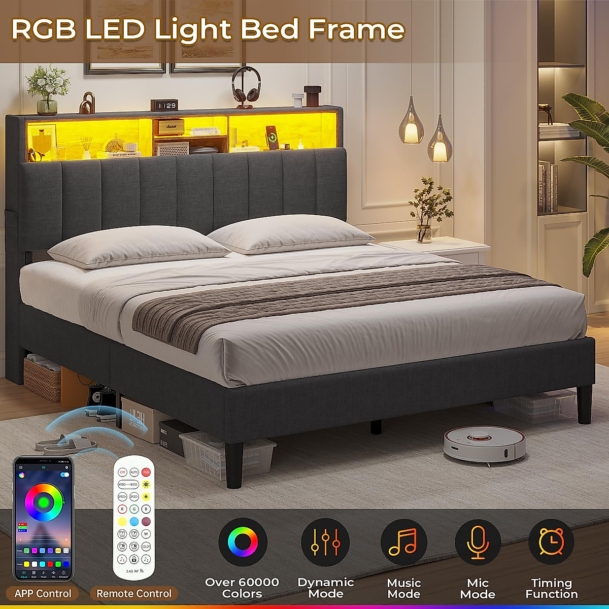 Tiptiper Full Size Bed Frame with LED Lights Headboard, Button Tufted Bed Frame Full with Outlets & USB Ports, Upholstered Bed with Storage, Dark Grey