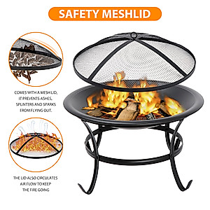 22 Inches Portable Fire Pit Outdoor Wood Burning Steel Lightweight BBQ Grill Firepit Bowl with Log Grate&Poker for Outside Patio Campfire Bonfire Backyard