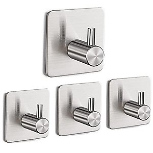 Eowihor Heavy Duty Wall Hooks, Self Adhesive Hook, Robe Hook Stainless Steel, Ideal for Bathroom and Bedroom 4-Packs Silver