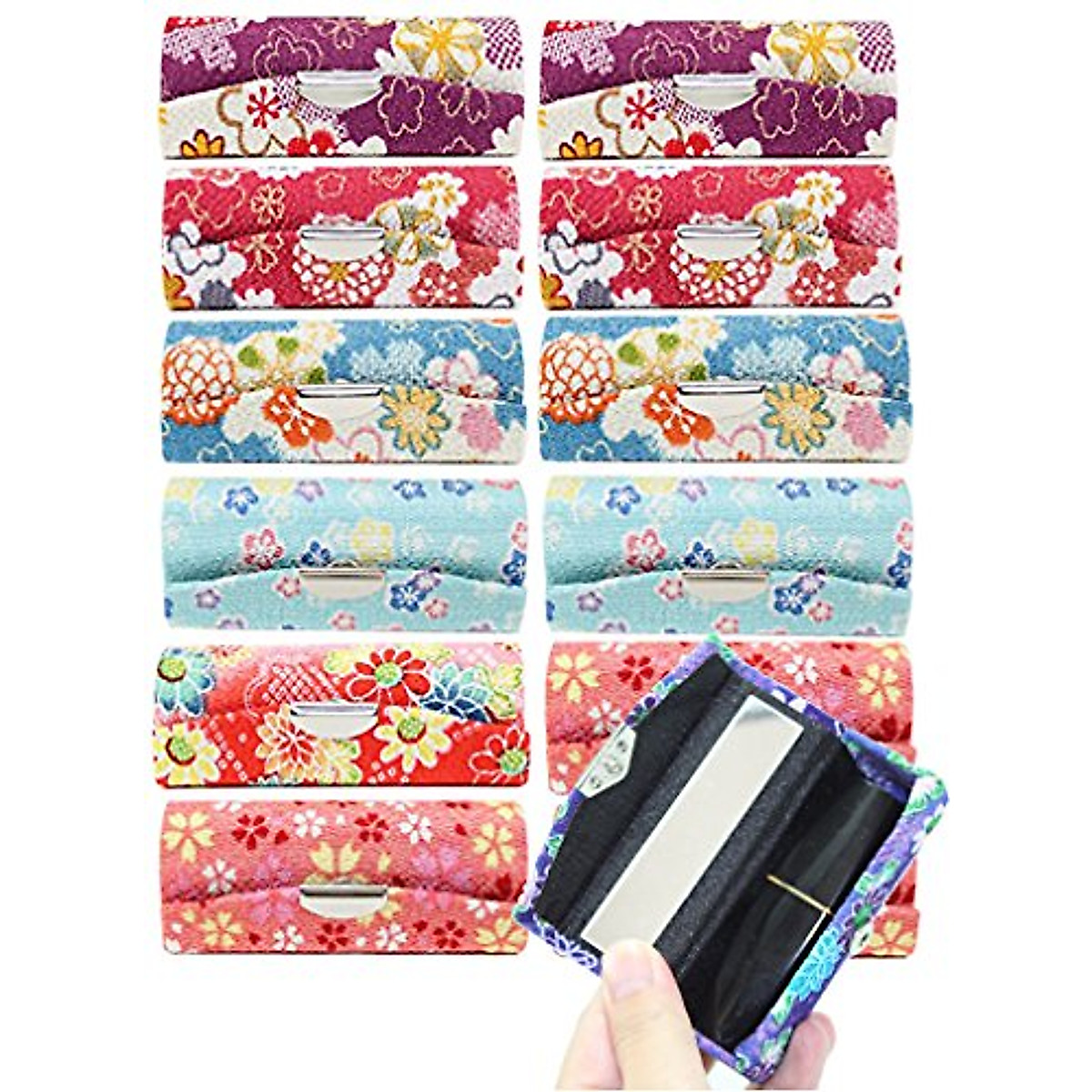 Set of 12 ~ Cute Japanese Flower Style Lipstick Case Holder w a Little Mirror