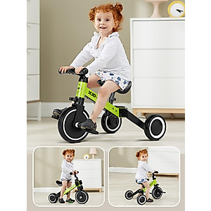 ﻿XJD 5 in 1 Toddler Bike, Tricycle for Toddlers 1-3 with Adjustable Seat Height, Removable Pedals, Ideal Balance Bike Birthday Gifts and Toys for Boys and Girls (Green)