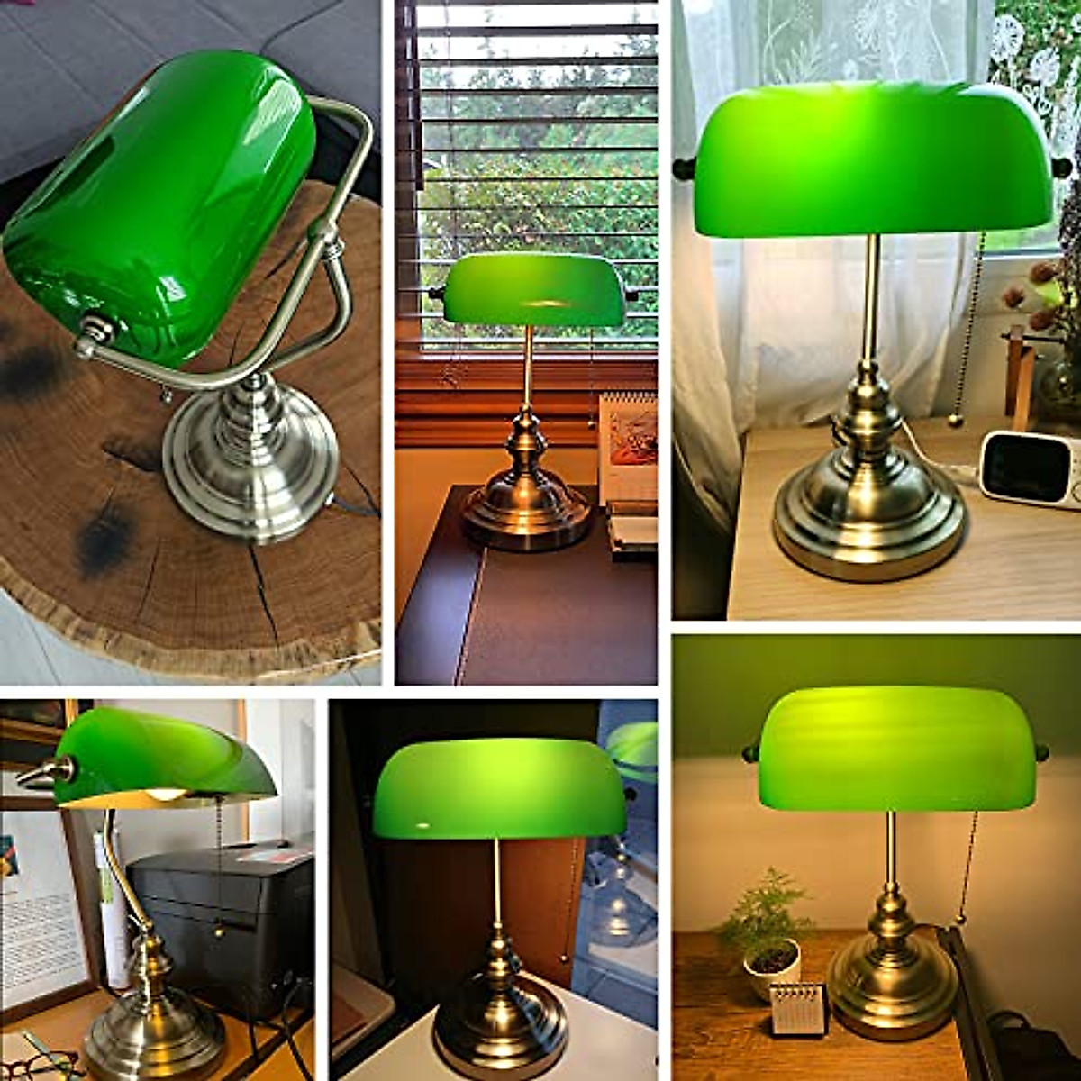 Newrays Glass Bankers Desk Lamp with Pull Chain Switch Plug in Fixture (Green)