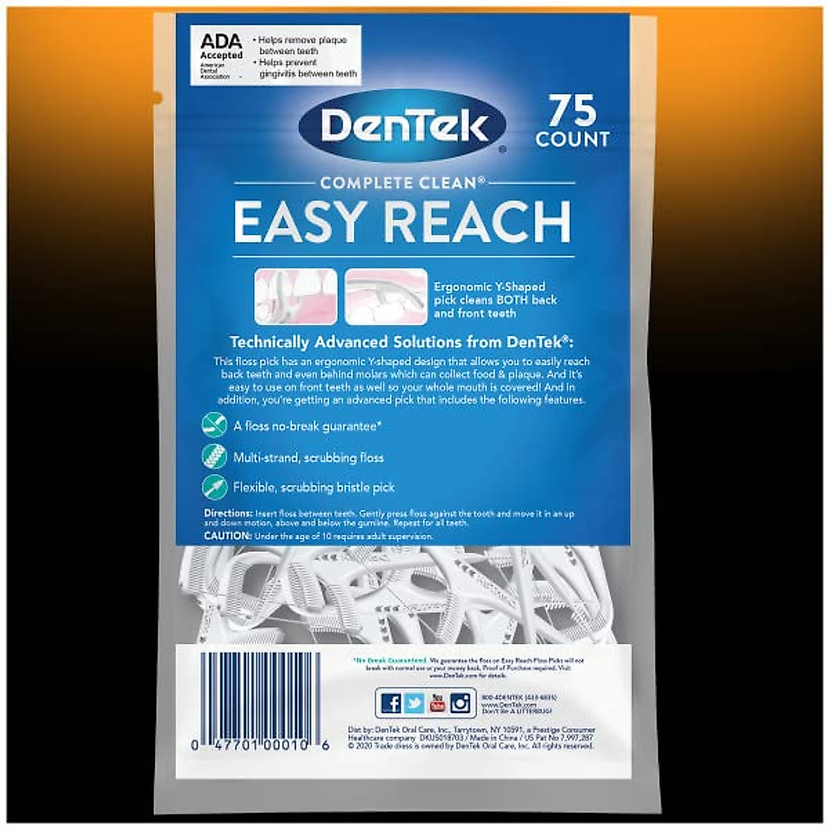 DenTek Complete Clean Easy Reach Floss Picks, Advanced Fluoride Coating, Mouthwash Blast Flavor, 75 ct. (Pack of 2)