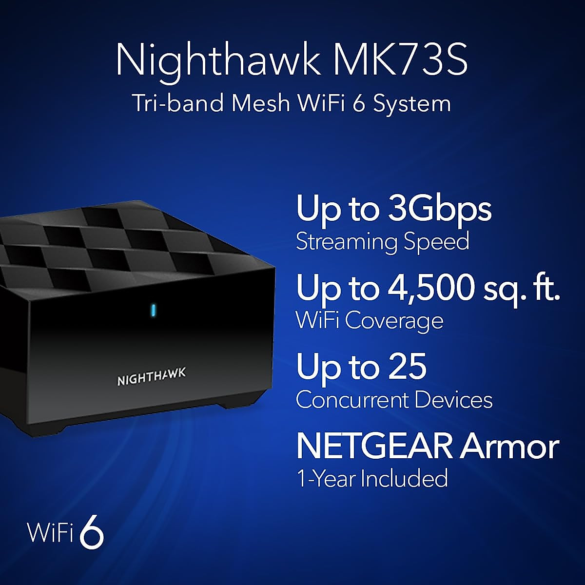 NETGEAR Nighthawk Tri-Band Whole Home Mesh WiFi 6 System (MK73S) – Router + 2 Satellite Extenders - 3Gbps Speed - Coverage up to 4,500 sq. ft., 25 Devices - Includes 1-Year Armor – AX3000 802.11ax