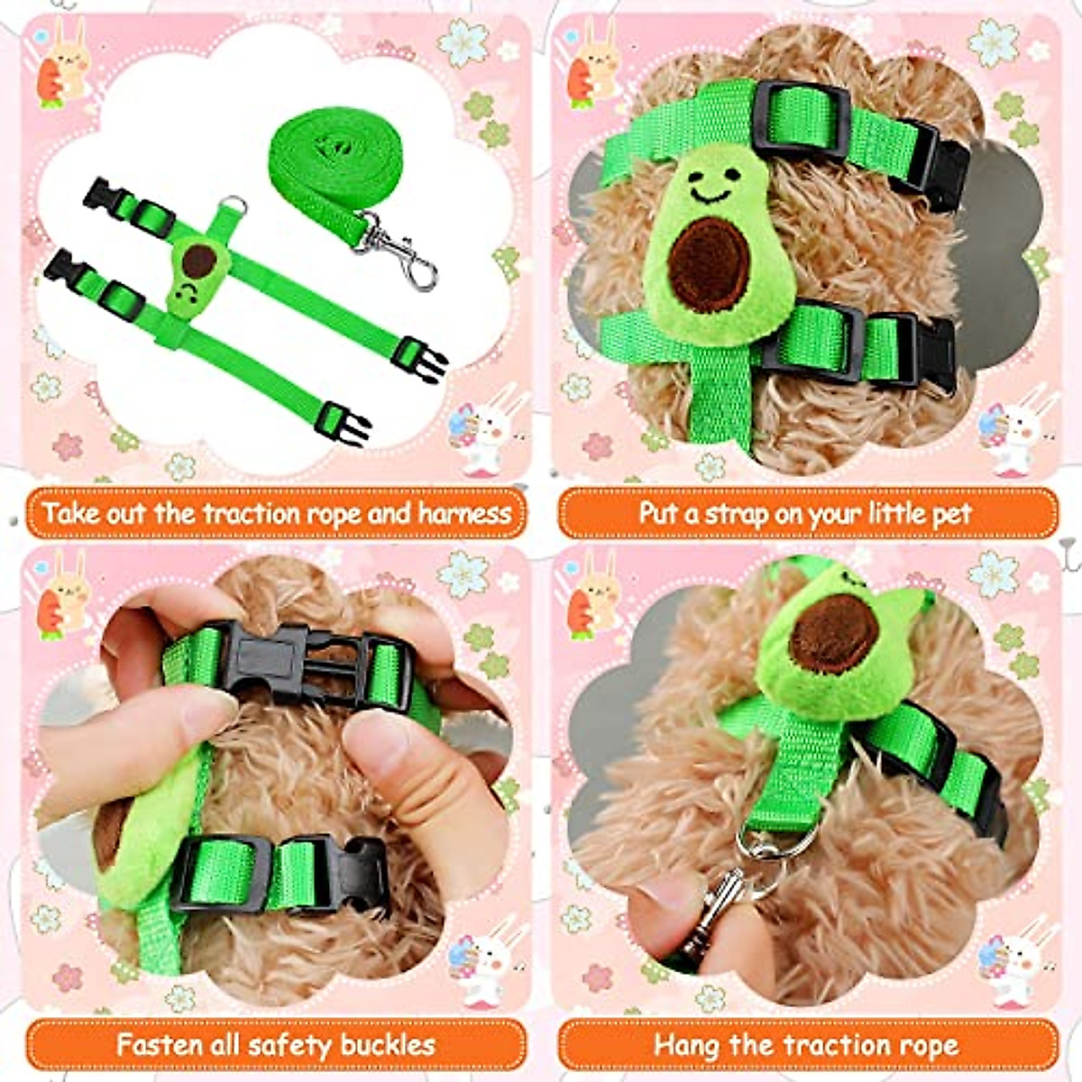 4 Sets Adjustable Bunny Rabbit Harness and Leash Set Small Pet Cute Vest Harness Leash Ferret Harness Guinea Pig Harness Ferret Leash with Decorations for Bunny Kitten Puppy, Small Pets (Fruit)