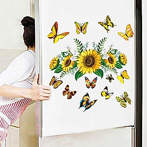 Sunflowers Wall Decal with 12 PCS 3D Colorful Butterfly Wall Stickers for Nursery Bedroom Bathroom Kitchen, Removable Yellow Flower Mural DIY Wall Art Decor Home Decorations for Living Room