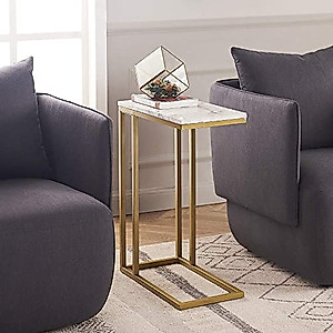 ROSEN GARDEN C-Shape Side End Table, Faux Marble Tray Snack Table with Metal Frame, Laptop Coffee Holder, Modern Furniture (Gold,1pcs)