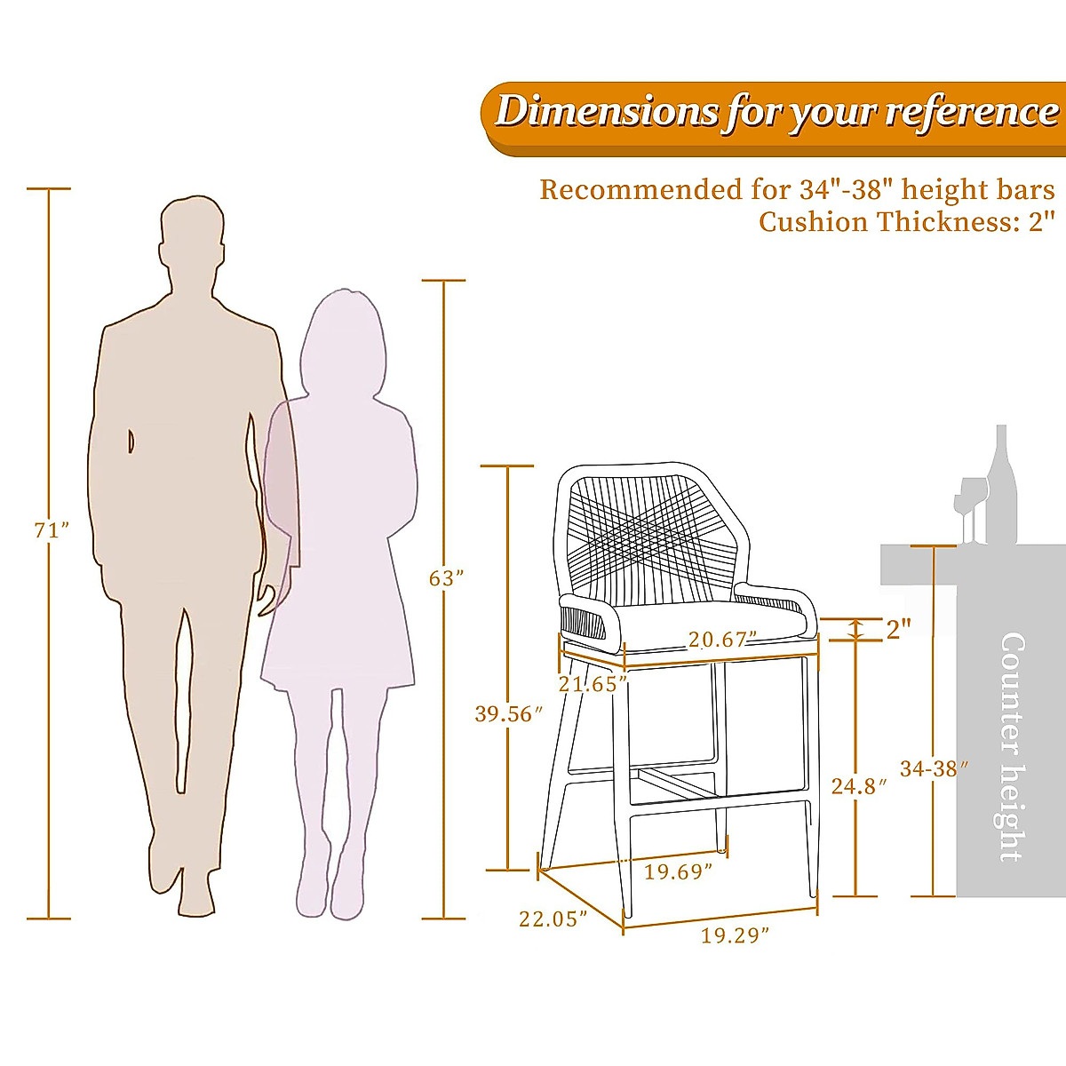 PURPLE LEAF Counter Height Bar Stools Set of 2 Rattan Woven Aluminum Modern Barstools with Back and Arms for Patio Balcony Pool Outdoor Accent Counter Stool Chairs