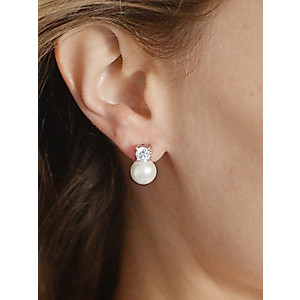 Mariell White Pearl Bridal Earrings with Cubic Zirconia Crystal Top, 9mm White Pearl Stud Earring, Perfect for Brides, Bridesmaids, Wedding Party and Everyday Wear