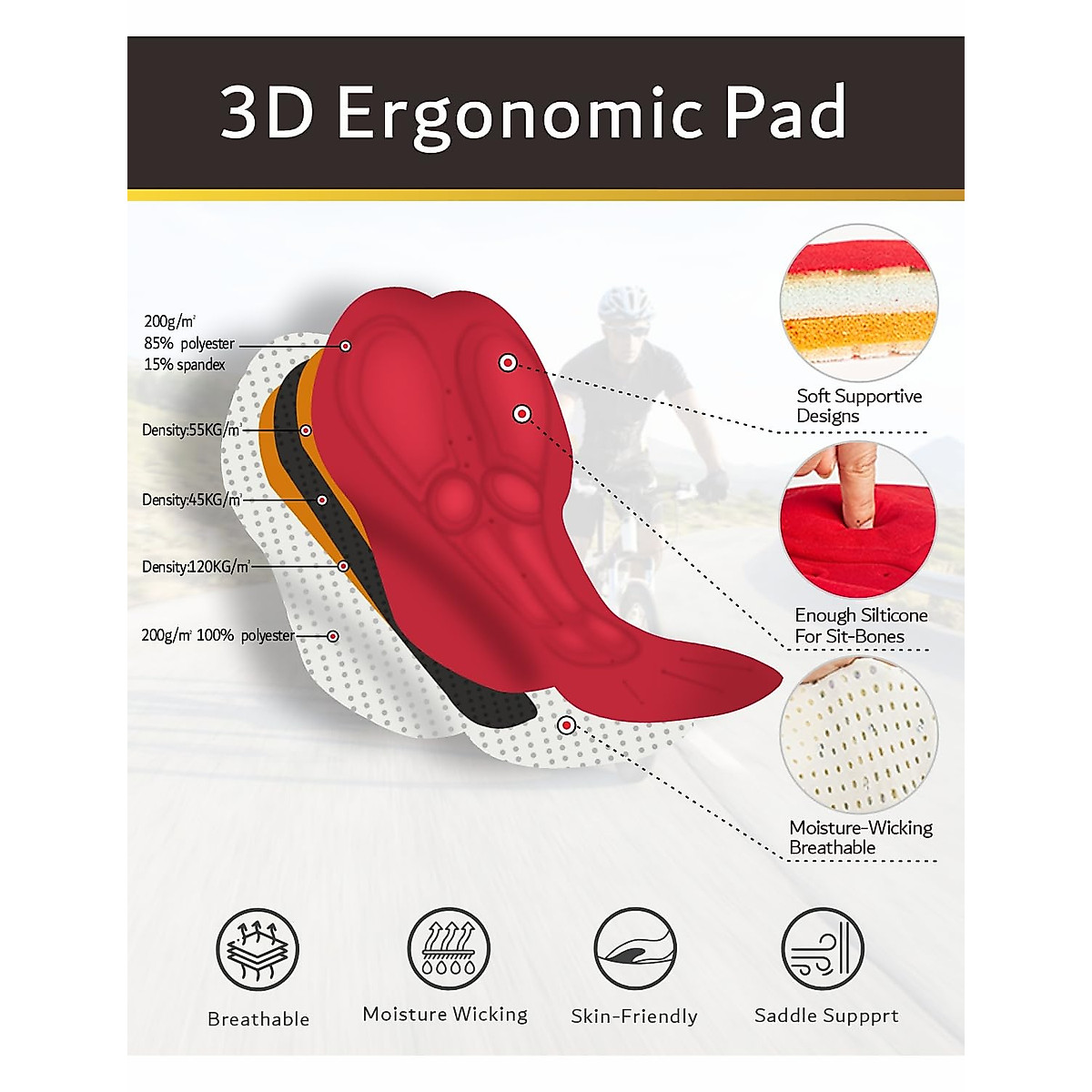 Przewalski Men’s 3D Padded Cycling Bike Bib Shorts, Bicycle Biking Bib Shorts Black