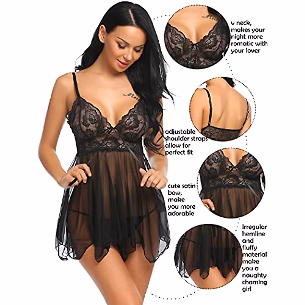 Avidlove Women Babydoll Set Mesh Lingerie Strap Chemise Lace Sleepwear Outfits Black Medium