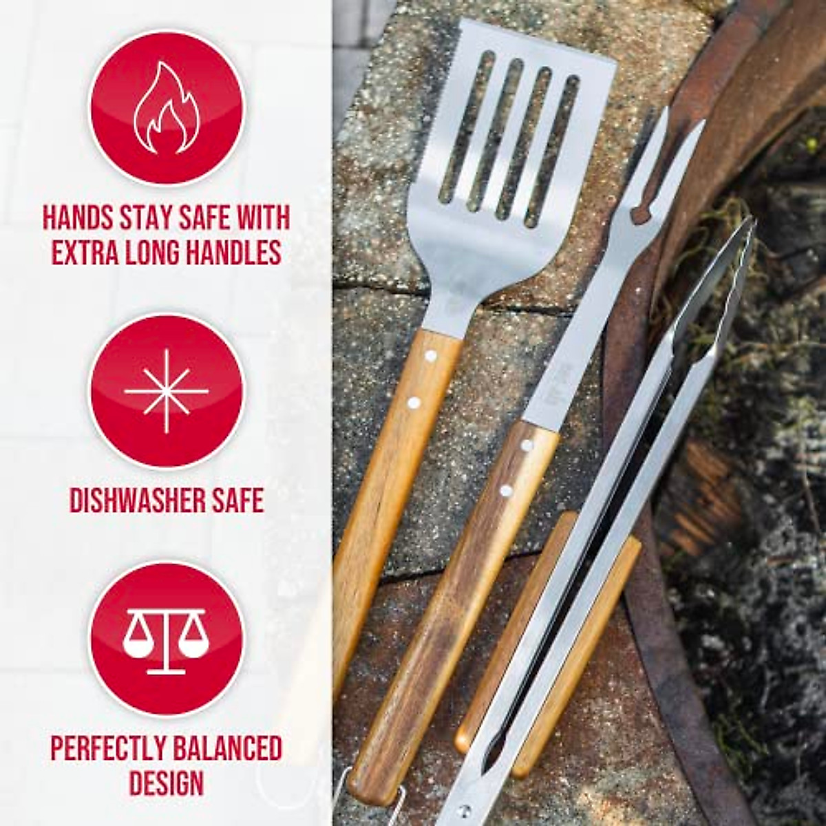BBQ-AID 3 Piece Grill Set BBQ Accessories - Kitchen Tongs, Metal Spatula & Fork Utensils - Heavy Duty Stainless Steel Barbecue Grill Utensils for Outdoor Grill with Solid Sturdy Wood Handles
