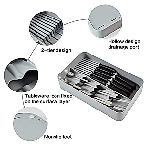 RYOOJNM Kitchen Silverware Organizer,Expandable Double Layer Knife Drawer Organizer,Compact Utensil Organizer for Partition kitchen Gadgets - Holds 9 Knives/24 Forks