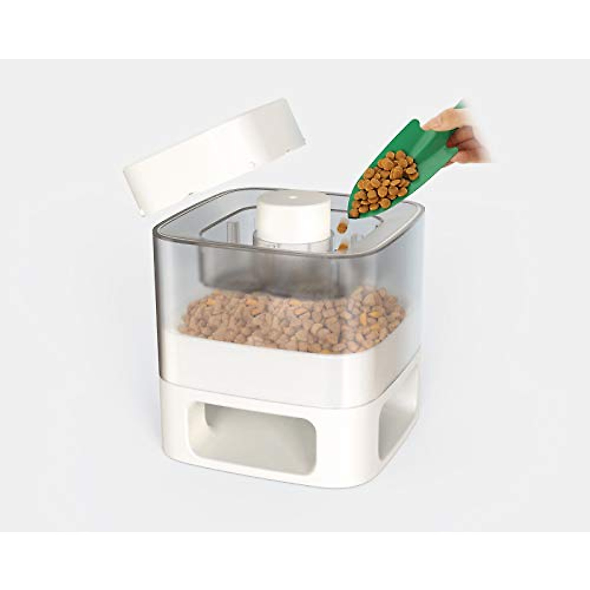 Pet Instant Non-Electric Automatic Dog Fun Food Catapult Dispenser, Square Transparent Visible Granary Slow Feeder for Pets, with Anti-Slip Rubber Pad for Cats Dogs Toys White