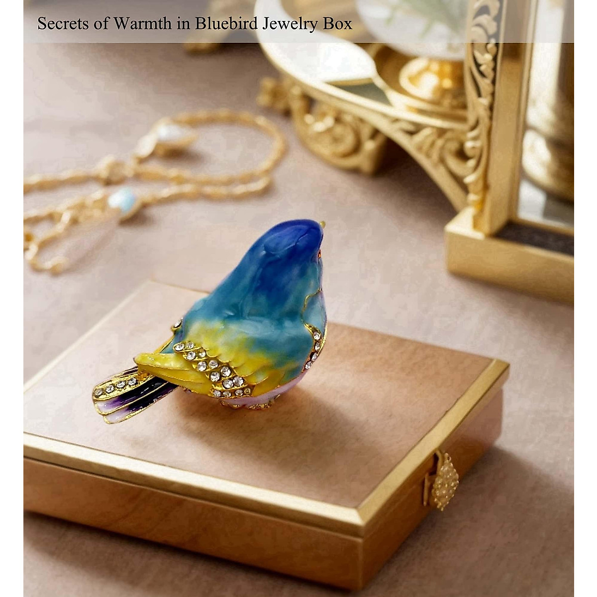 JWT Astyle Blue Mountain Bird Hinged Trinket Box with Crystal Stones .Animal Jewelry Box.Necklace Rings Earrings Storage.Bird Figurines Home Decor ,Collectible Trinket Boxes Gift ., Blue Yellow