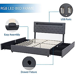 Full LED Bed Frame with Drawers, Upholstered Platform Bed Frame Full Size with Adjustable Button Tufted Headboard and 2 USB Ports, Solid Wooden Slats Support, Dark Grey