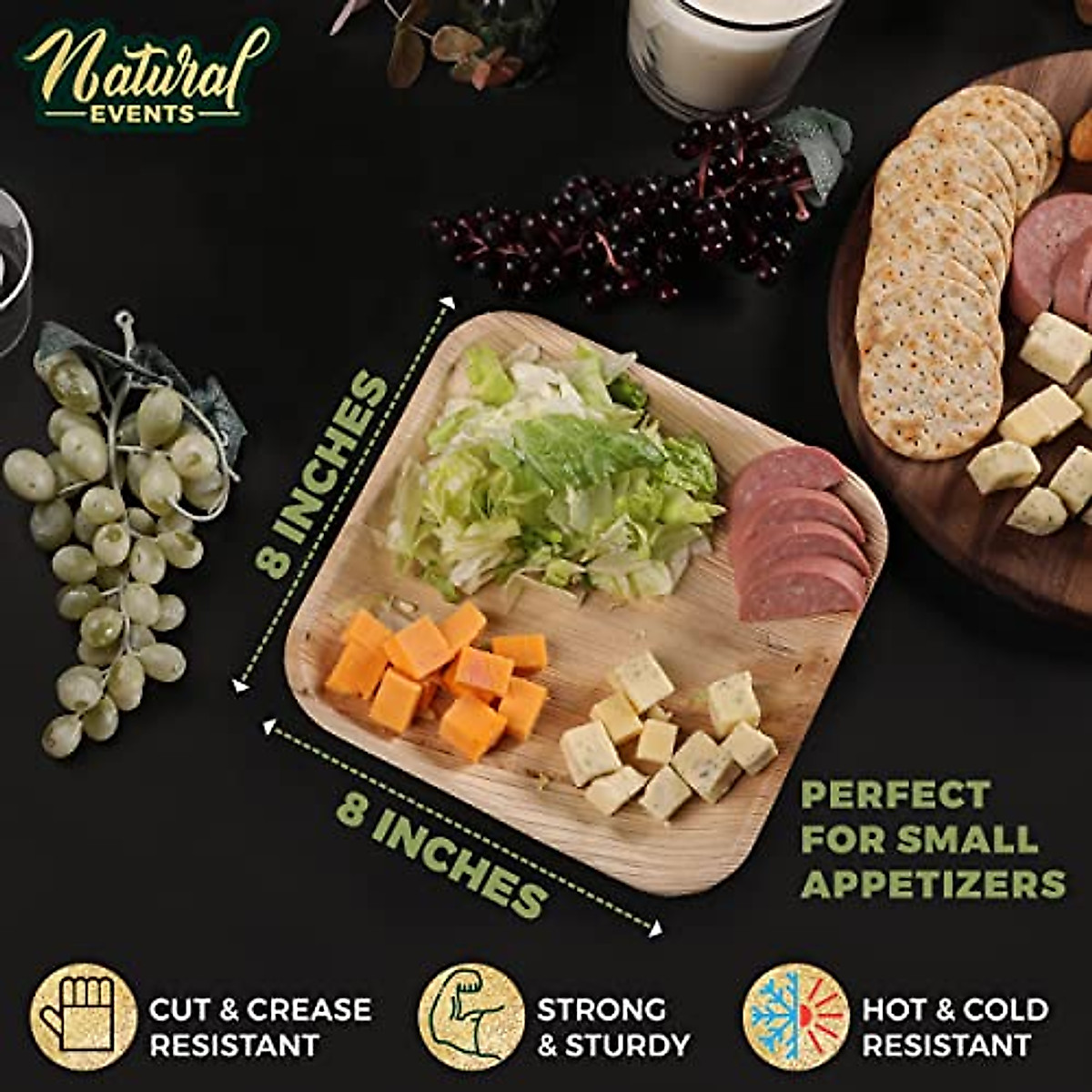 Natural Events 8" Premium Palm Leaf Plates - Disposable Party Set for Charcuterie Appetizers & Dinners, Heavy Duty Bamboo Wood, 100% Compostable, Biodegradable & Eco-Friendly (8 Inch Square, 50 Pack)