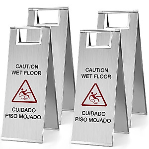 LEIFIDE 4 Pcs Stainless Steel Wet Floor Caution Sign Bulk 8.8 Pound Portable Foldable Handle Bilingual Safety Sign for Kitchen Restaurant Shop commercial Use Avoid Fall and Slip Accident(4 Pcs)