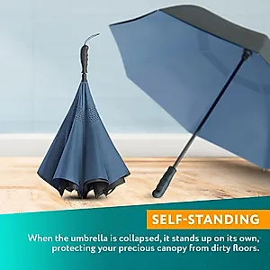 PUREVACY Reverse Umbrella with Sturdy Shaft, 8 Reinforced Ribs, Teflon Coating, Black-Navy Blue Inverted Umbrella Compact, Windproof Upside Down Umbrella for Women, Men, Inside Out Umbrella