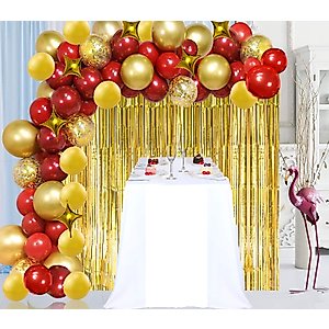 WECEPAR Balloon Garland Arch kit 84 pcs with Ruby Red and Gold Balloon, Star Balloon Confetti Balloons Gold Sequin Table Runner and Background Curtain for Birthday Party, Wedding, Christmas, New Year