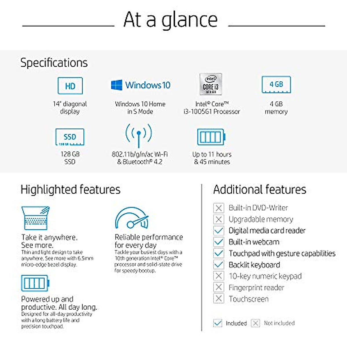 HP 14-Inch Laptop, 10th Gen Intel Core i3-1005G1, 4 GB SDRAM, 128 GB Solid-State Drive, Windows 10 Home in S Mode (14-dq1010nr, Silver)