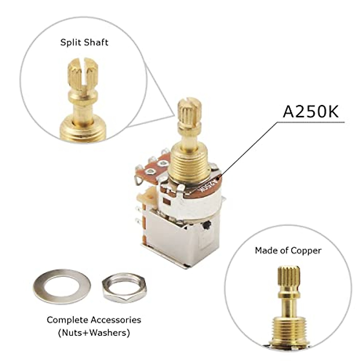FLEOR 2pcs A250K Push Push Guitar Pots Short Copper Split Shaft Audio Taper Potentiometers