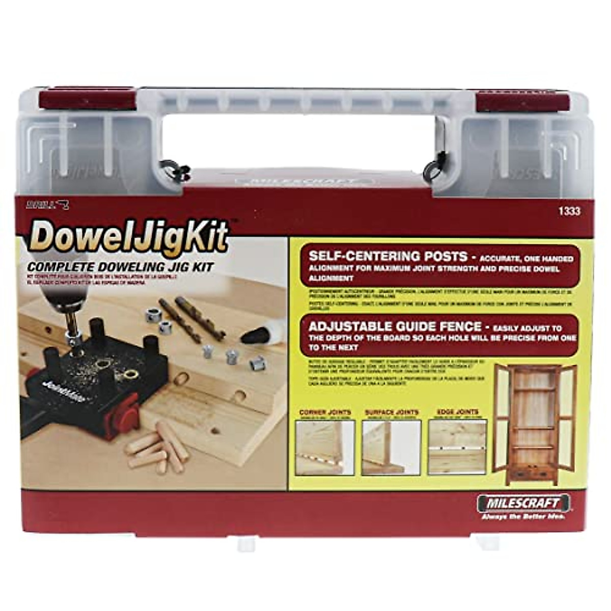 Milescraft 1333 Dowel Jig Kit - New, Improved, Self-Centering Handheld Dowel Jig with 3 Metal Bushing Sizes (1/4in, 5/16in, 3/8in) - Complete Doweling Jig Kit with all Accessories