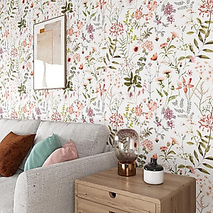 VEELIKE 17.7''x354'' Peach Pink Wildflowers Floral Wallpaper Mural Peel and Stick Pink Floral Contact Paper for Walls Shelves Nursery Wallpaper Removable Adhesive Floral Vinyl Wallpaper for Bedroom