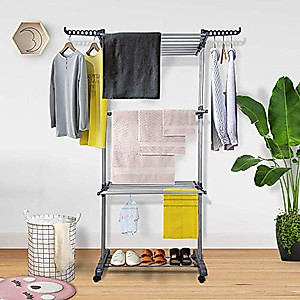 YOUUD Clothes Drying Rack 3-Tiers with Retractable Trays, Collapsible Shelves, Rolling and Base with Casters, Stainless Laundry Dryer Indoor/Outdoor Standing Rack