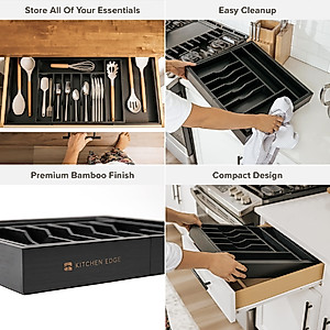 KitchenEdge Premium Silverware, Flatware and Utensil Organizer for Kitchen Drawers, Food-Safe Contract Grade, Expandable from 18 to 33 In, Black Bamboo