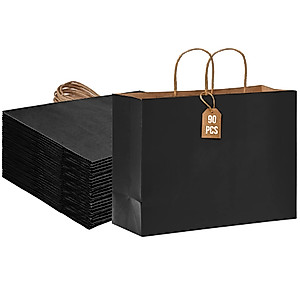Moretoes 90pcs Black Gift Bags, 16x6x12 Inch Paper Gift Bags Black Kraft Paper Bags with Handles, Shopping Bags in Bulk for Boutiques, Grocery, Mechandise, Party, Gifts & Merchandise