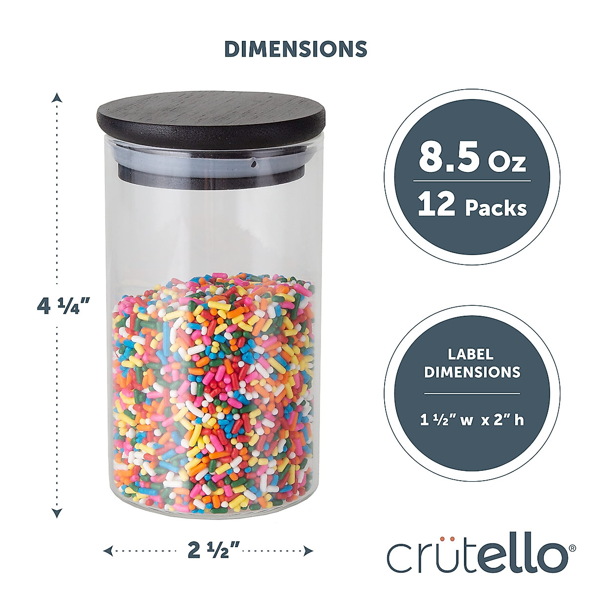 Crutello 12 Pack 8.5 Oz Spice Jars with Black Bamboo Lids for your Pantry, Dishwasher Safe Jars with Black Lids and Labels for Spices, Honey, Beans, Rice, Nuts