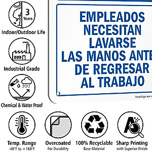 SmartSign 10 x 7 inch “Employees Must Wash Hands Before Returning To Work” Office Bathroom Bilingual Sign, 55 mil HDPE Plastic, Blue and White, Made in USA
