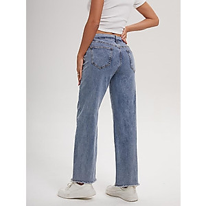 PEIHOT 90S Wide Leg Pants for Women Stretchy Mid Waisted Raw Hem Straight Leg Jeans Denim Pants 2023 Trendy Light Blue