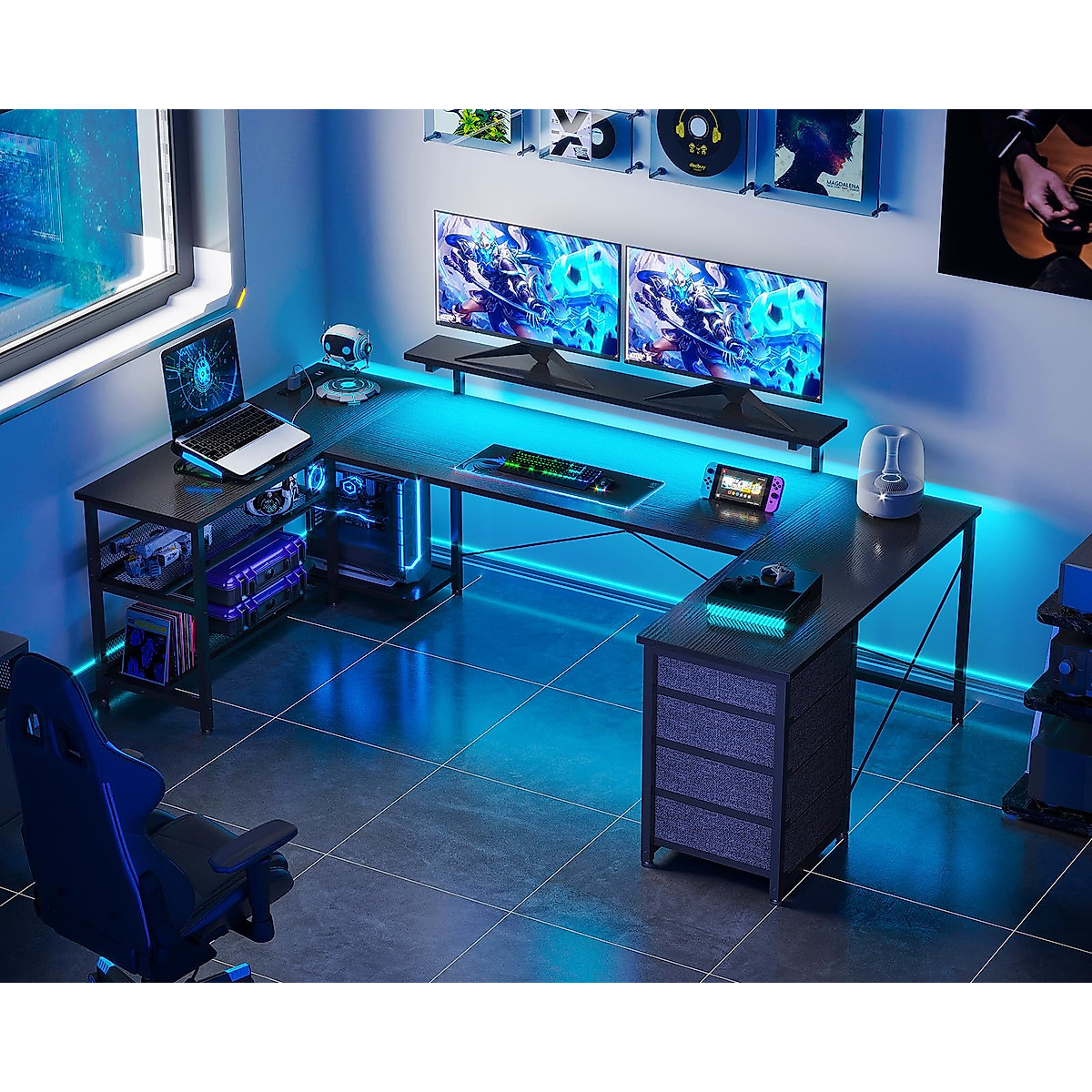 ODK U Shaped Desk with Power Outlets & LED Strip & Monitor Stand, 66" Reversible L Shaped Desk with Drawers and Storage Shelf, Home Office Gaming Desk, Black