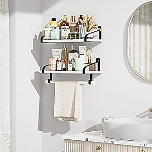 Love-KANKEI Floating Shelves for Coffee Bar,Bathroom Shelves with Wood Bar, Wall Shelves with 8 Hooks for Kitchen, 17.3 Inch Storage Shelves Set of 2 for Bedroom,Living Room，White