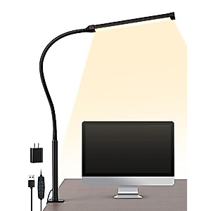 LIBORA LED Desk Lamp with Clamp, Dimmable Clip Light for Home Office, 3 Modes 10 Brightness, Long Flexible Gooseneck, Eye-Caring, Architect Table Task Lamps with USB Adapter, Black