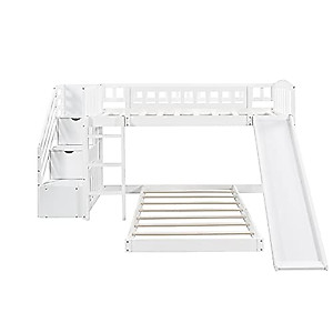 Bunk Beds with Slide Twin Over Twin Low Bunk Bed Frame with Storage Drawers Stairway Wood Bunk Bed for Kids Boys Girls, White