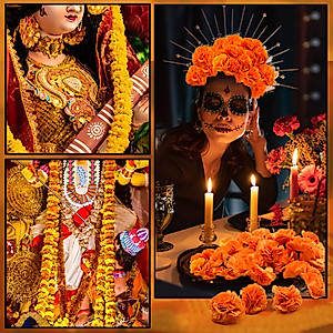 TRvancat Marigold Flowers Heads Bulk, Silk Artificial Flowers for Diwali,Indian Festival, DIY Marigold Garland Day of The Dead Decorations (Orange)
