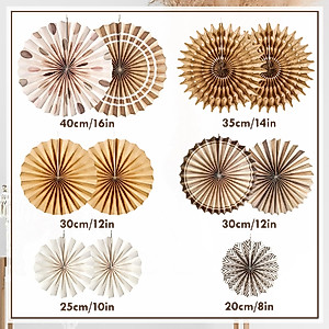 Easy Joy Boho Hanging Paper Fans White Brown Champagne Party Decorations Neutral Rustic Paper Fans Classroom Decoration for Baby Shower Birthday Wedding Bridal Party