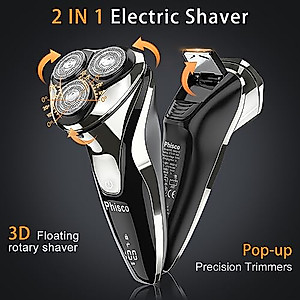 Phisco Electric Shaver Razor for Men Floating Rotary, IPX7, LED Display, Rechargeable, Dry/Wet, Pop-Up Beard Trimmer (Black)