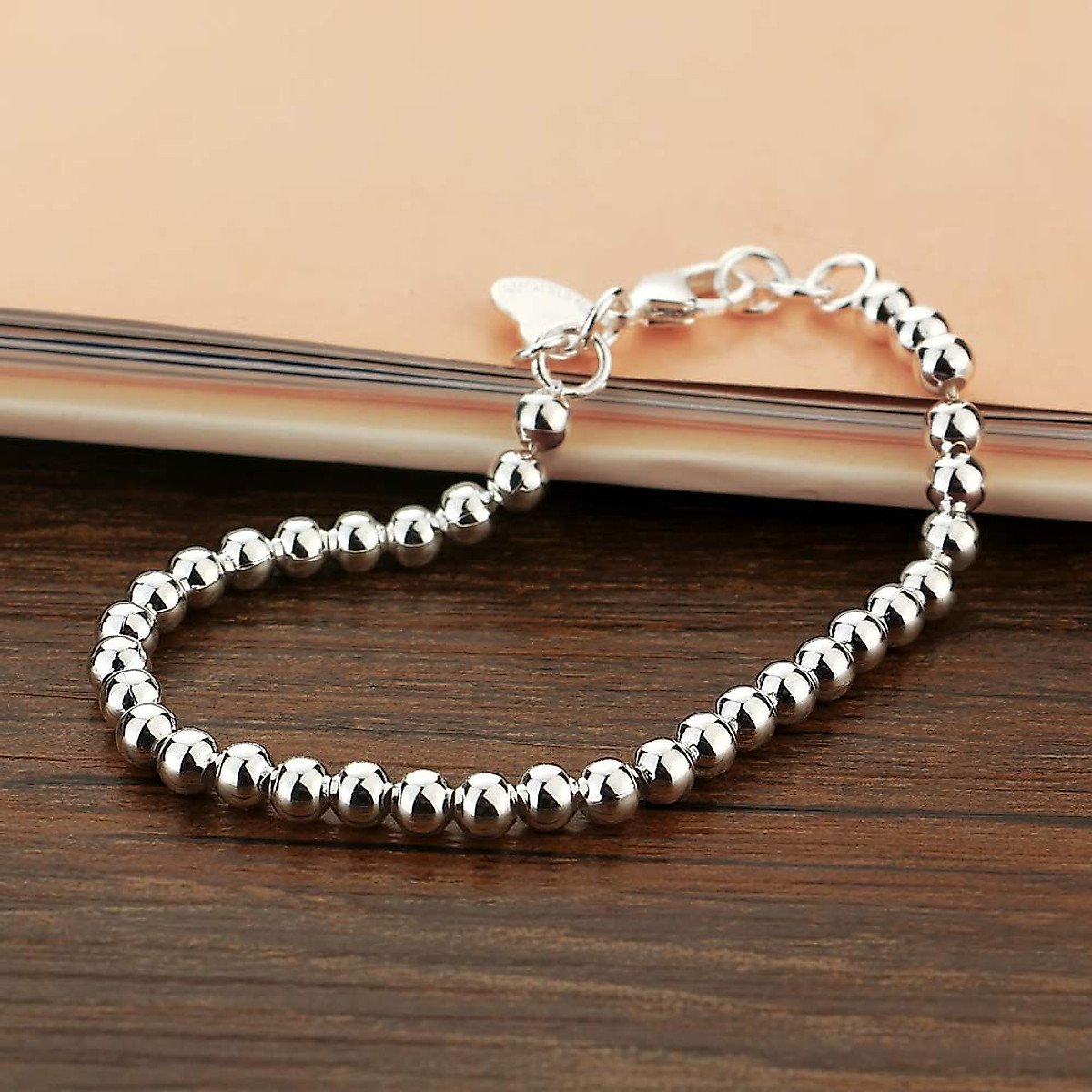 Dankadi New Women's 925 Sterling Silver Bracelet Minimalist 4-6MM Round Bead Chain Solid Silver Bracelet Charm Jewelry Lobster Claw Clasp (Silver 4mm16cm)